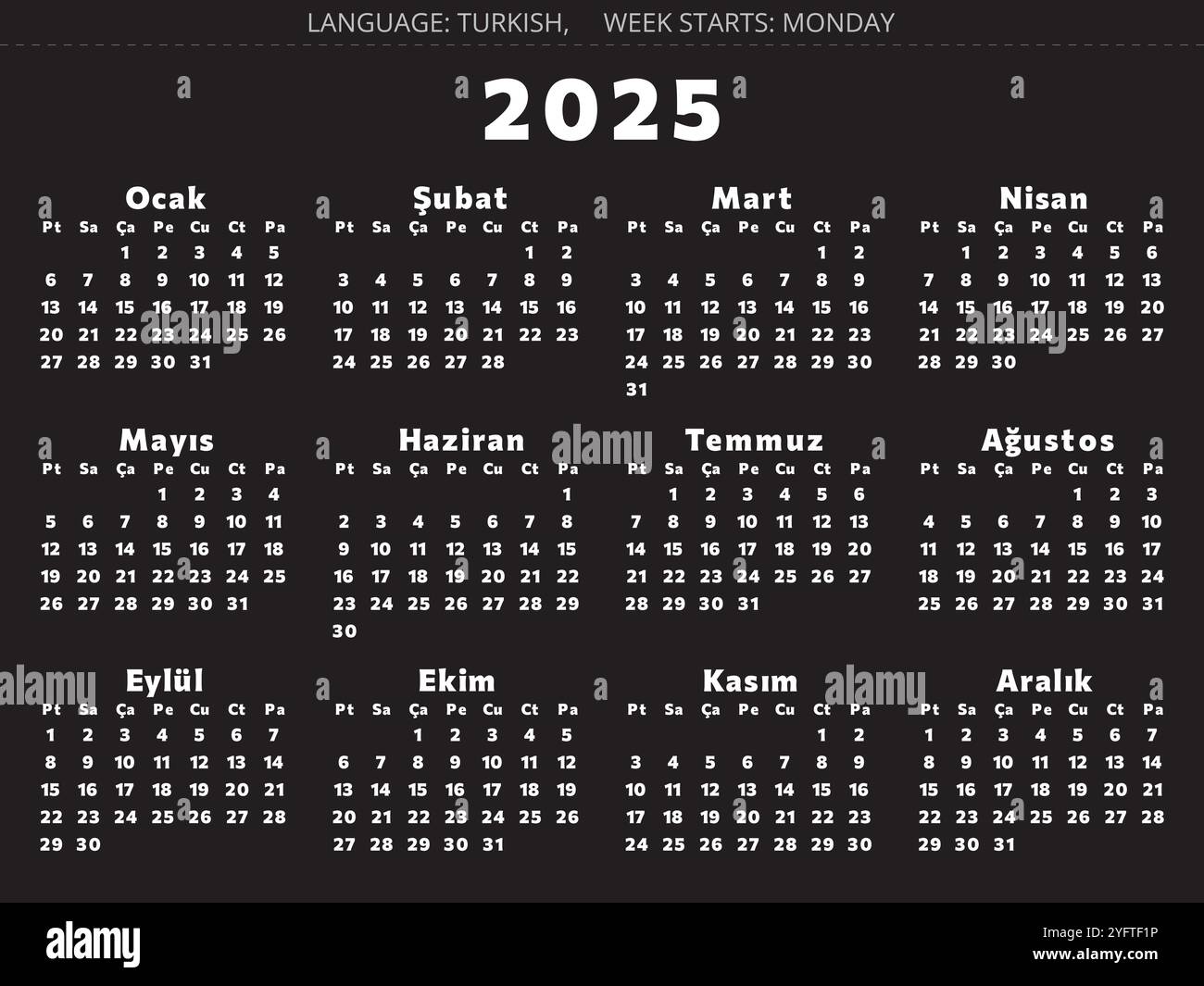 2025 year turkish calendar - takvim. Printable vector illustration for ...