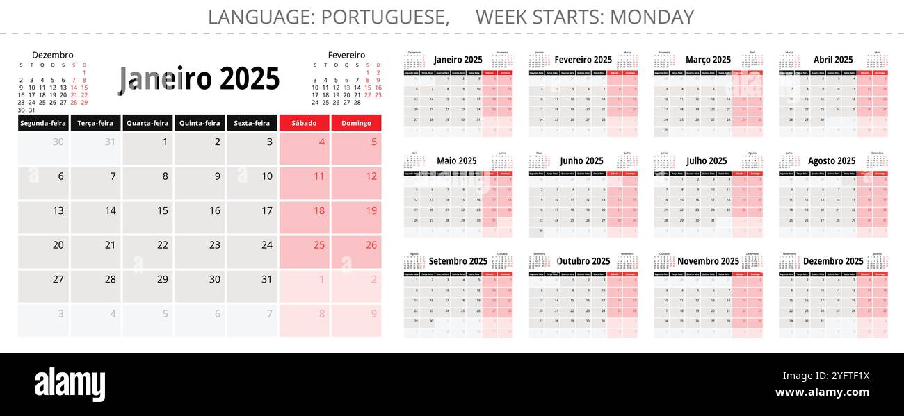 Set of PORTUGUESE monthly calendar for 2025 year. Vector collection set ...