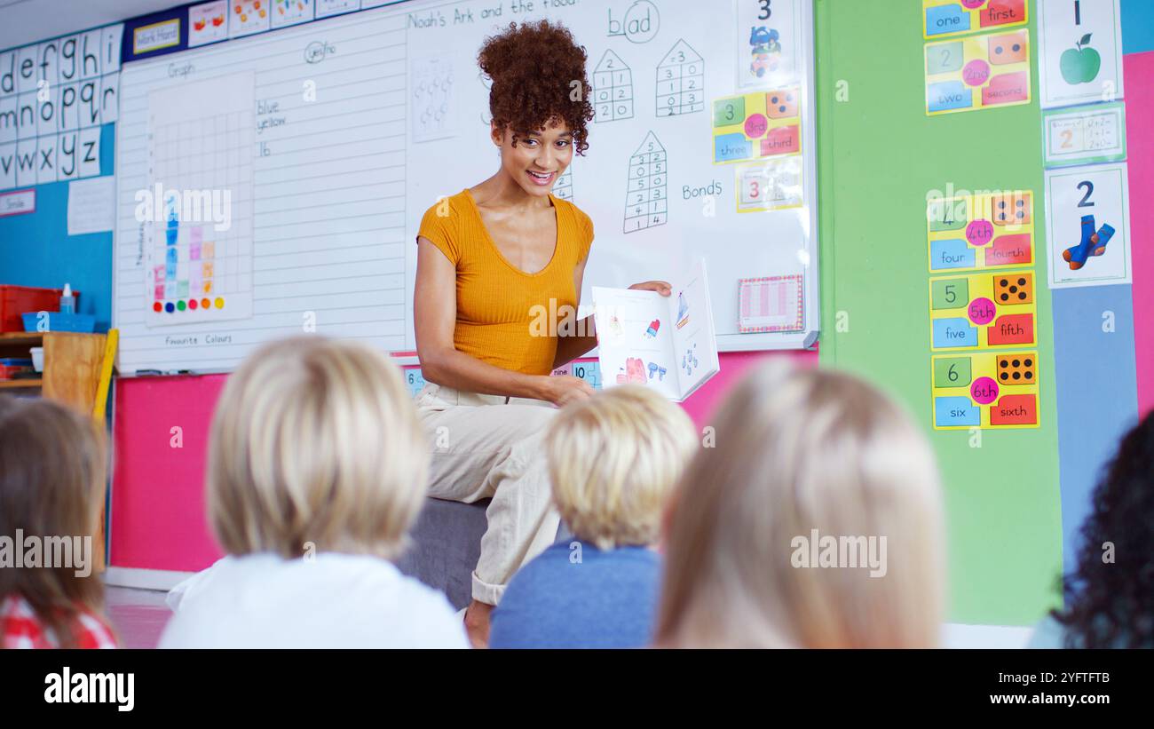 Female Teacher Reading Story To Group Of Elementary Pupils Sitting On ...