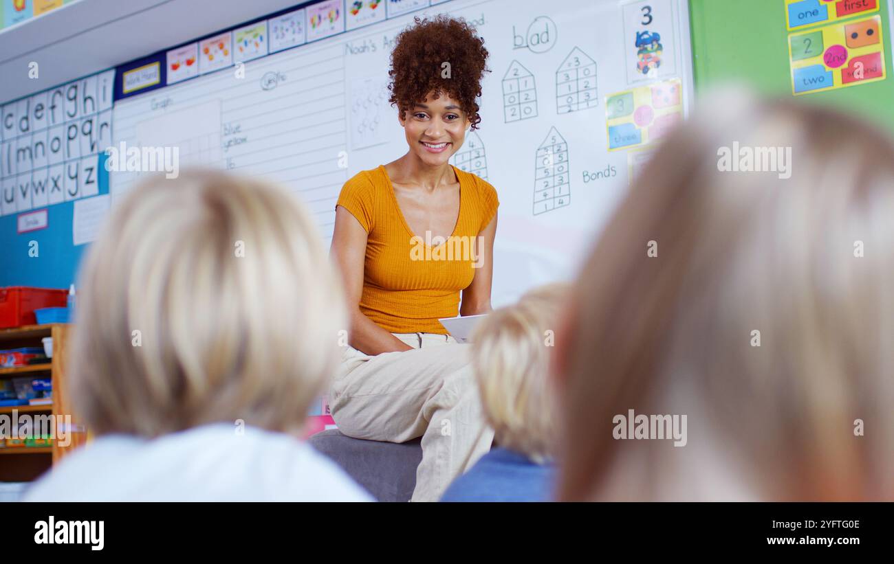 Female Teacher Reading Story To Group Of Elementary Pupils Sitting On ...