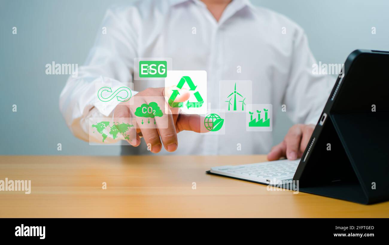 Businessman analyze investment sustainability ESG icons. ESG ...