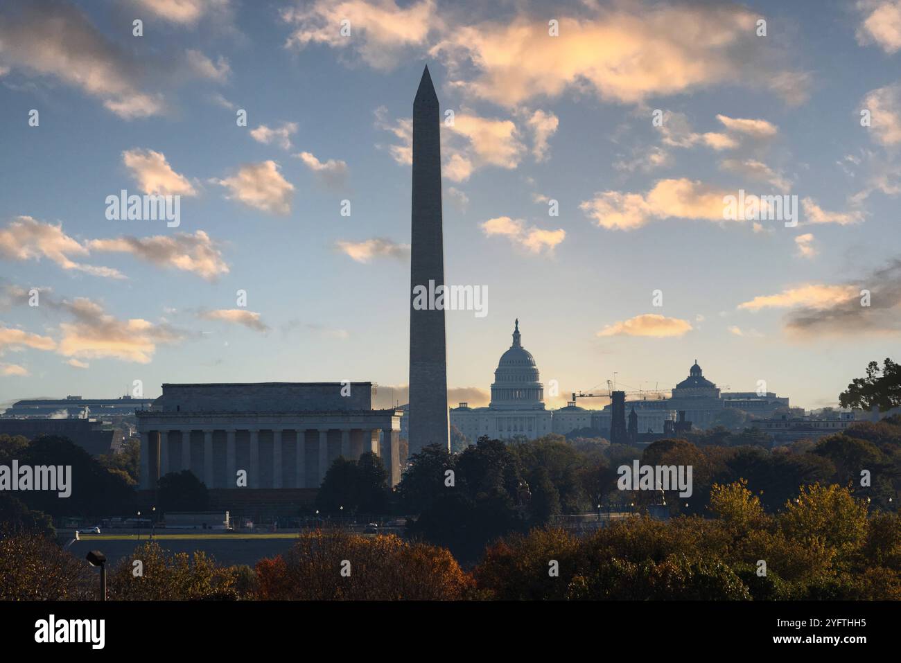 DC skyline with the Washington Monument, Lincoln Memorial, and Capitol ...