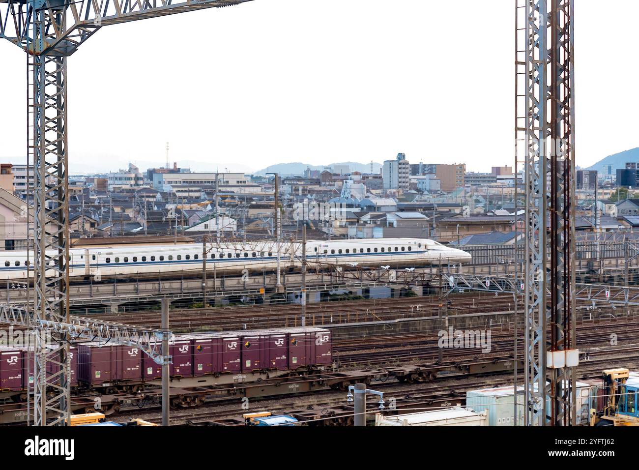 View from Kyoto Rail Museum, landscape with rails and trains ...