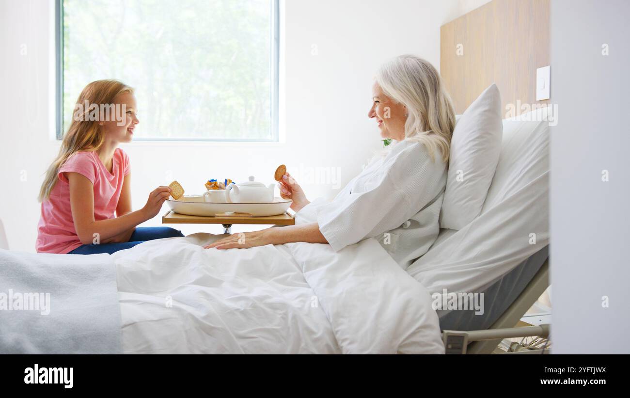 Granddaughter Visiting Grandmother In Hospital Bed For Afternoon Tea ...