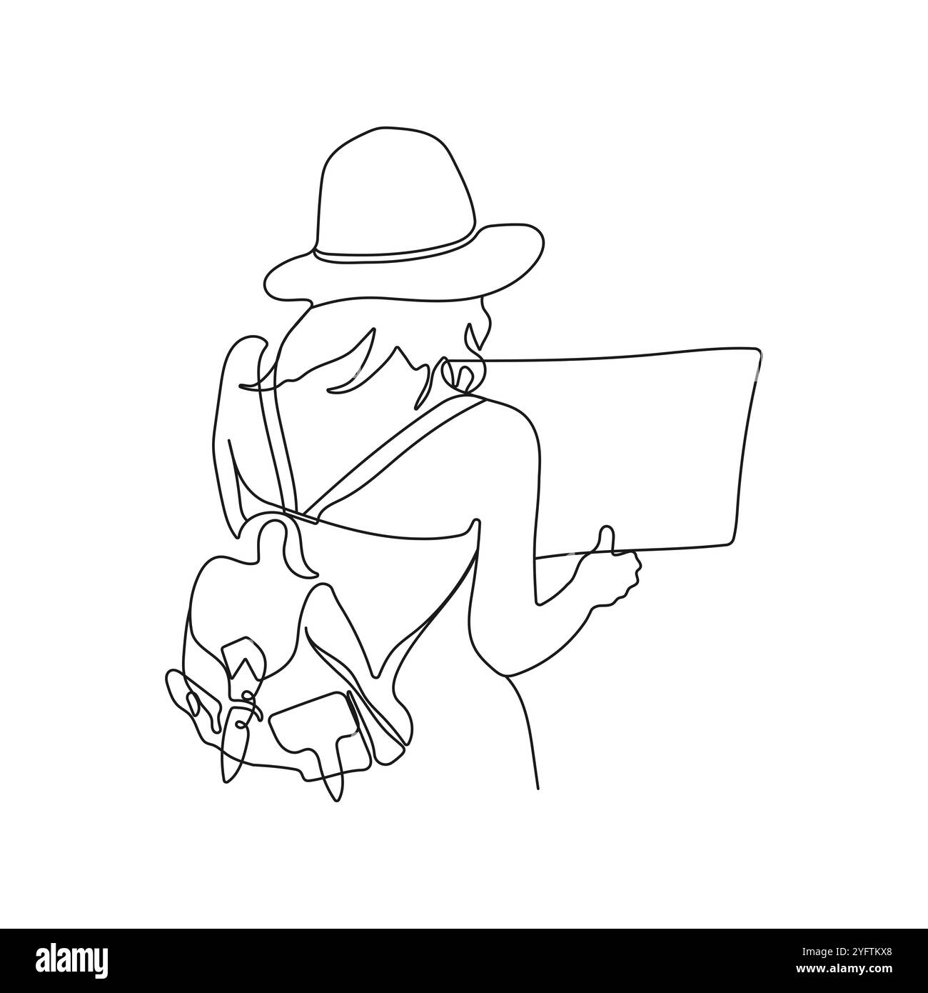 Travel girl with backpack and map. One line art. Tourism concept. Hand ...