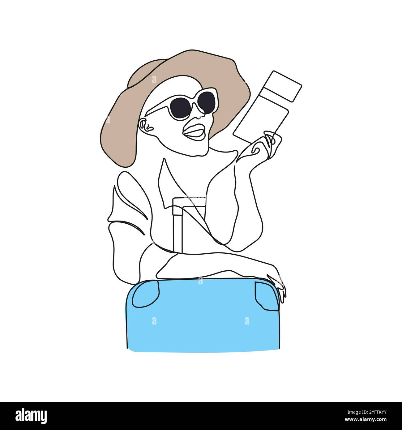 Travelling girl at the airport terminal with suitcase and boarding pass ...