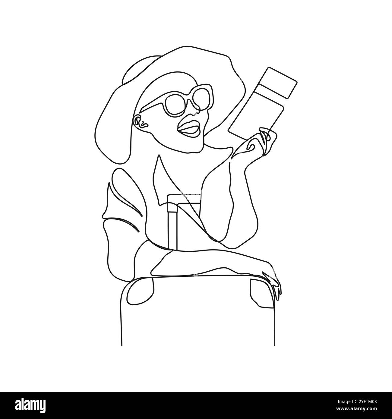 Travelling girl at the airport terminal with suitcase and boarding pass ...