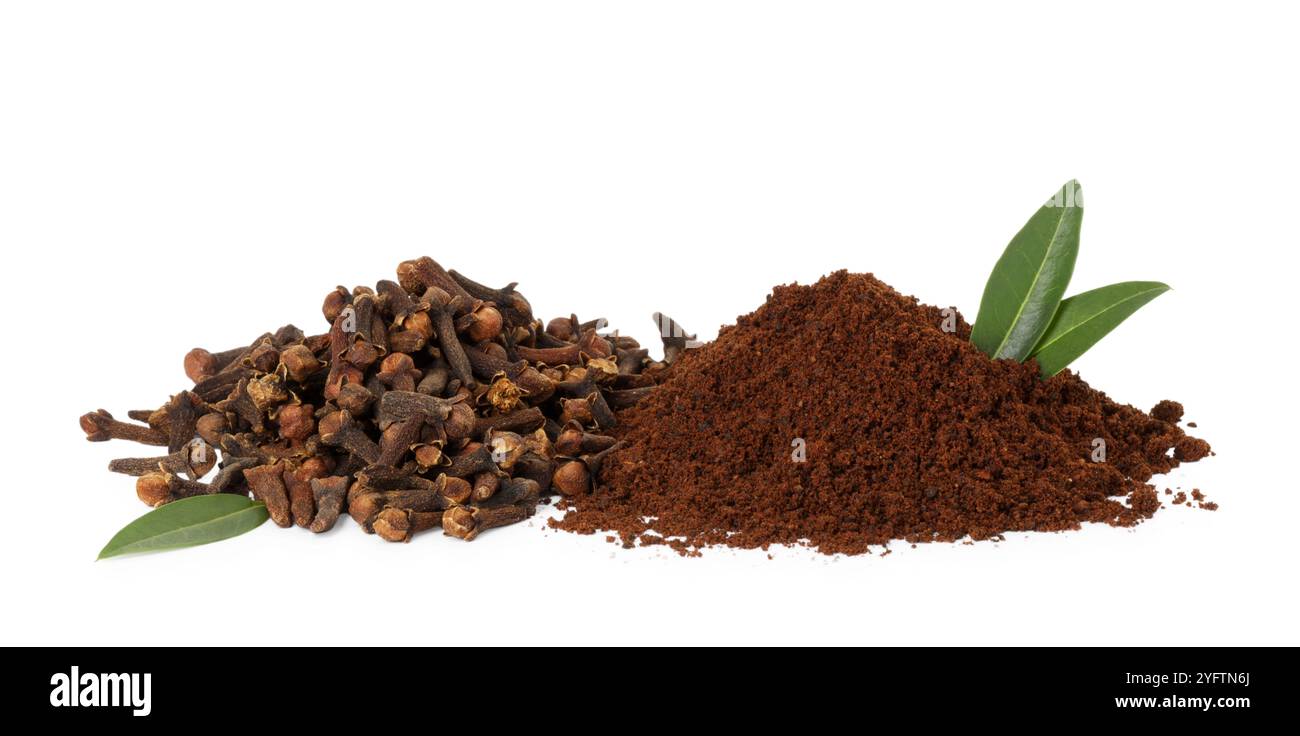 Pile of clove powder, dried buds and green leaves on white background ...