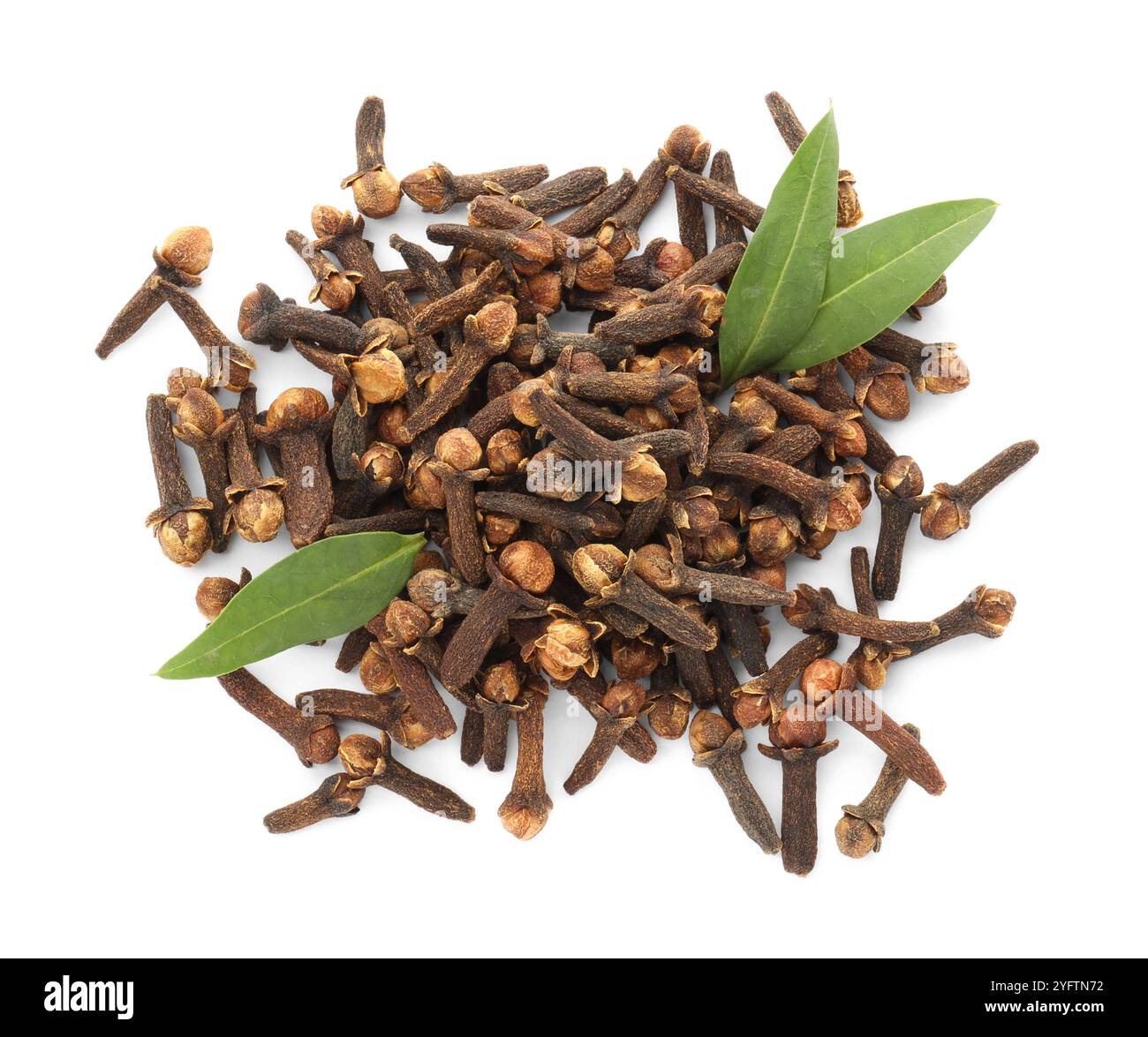 Dry clove buds and green leaves on white background, top view. Aromatic ...