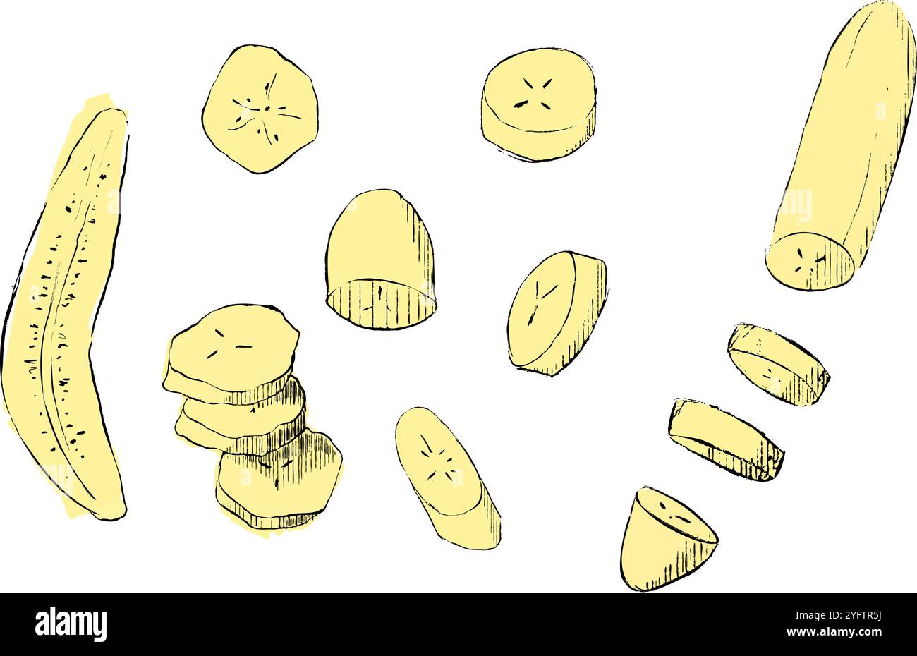 Banana slices set, graphic illustration. Fruit drawing, vector ...