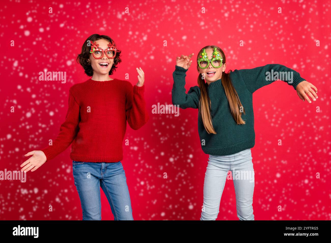 Portrait of two attractive carefree cheerful friends dancing having fun ...