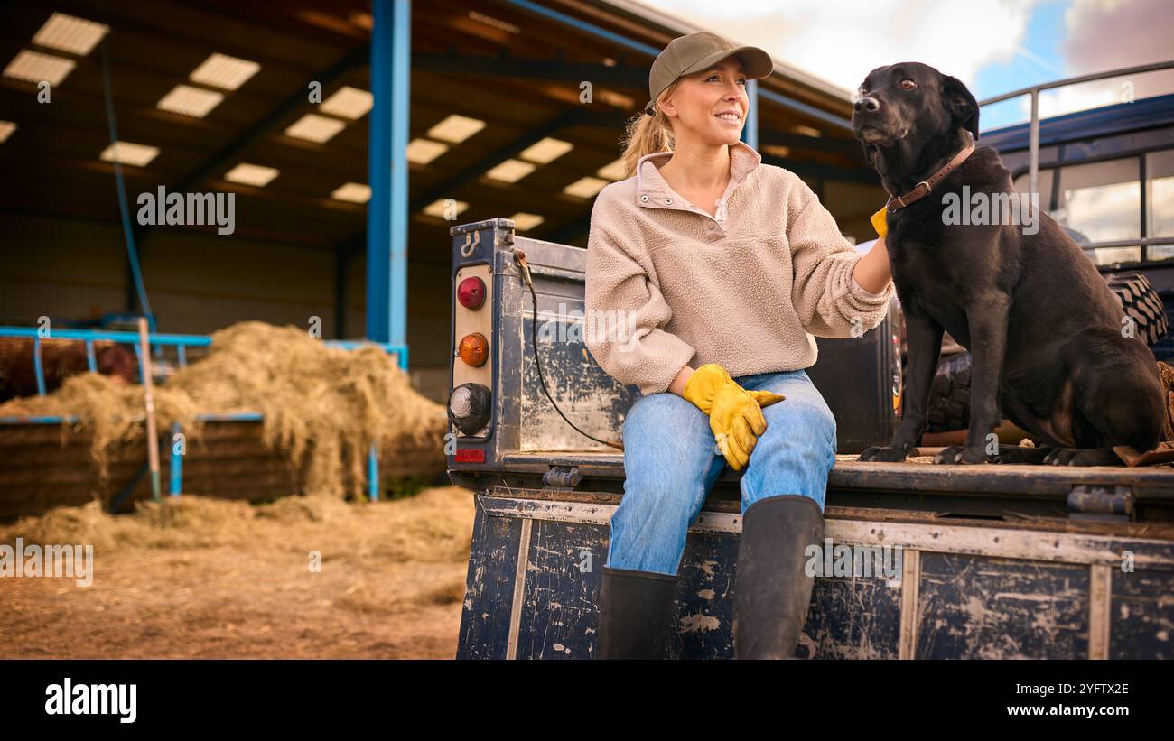 Female Farm Worker Sitting On Tailgate Of Off Road Farm Vehicle With ...