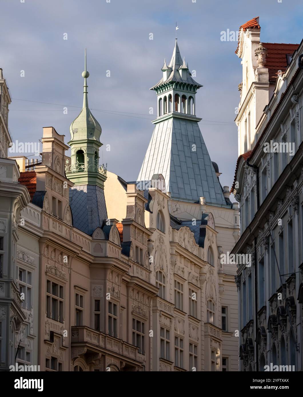 Architectural detail on the facade of historic buildings in Prague Old ...
