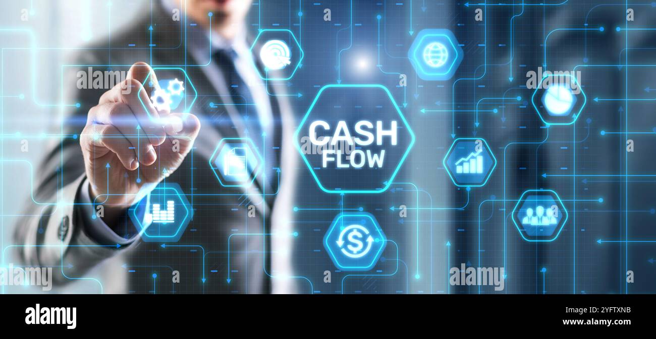 Cash flow button on virtual screen. Businessman drawing Cash Flow ...
