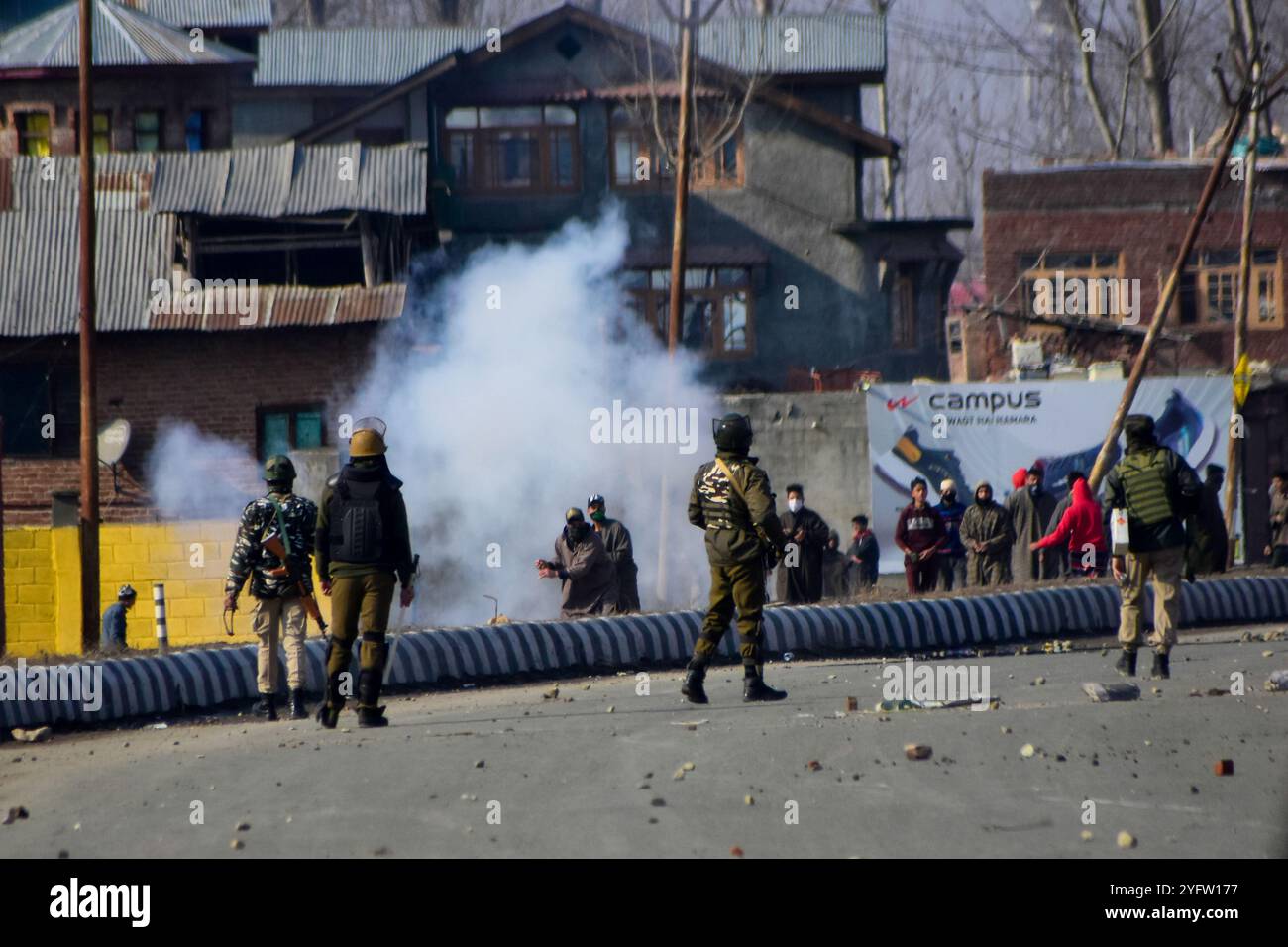 Kashmiri people clash with Indian forces near an encounter site during ...