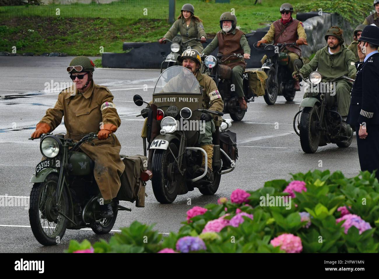 A Matchless ex-Military motorcycle leads a convoy of other bikes, D-Day ...