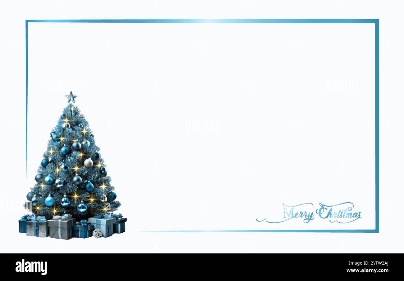 Festive Christmas tree banner and blue christmas balls with gifts ...