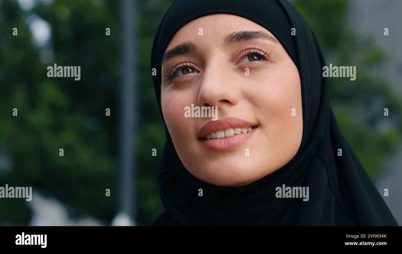Portrait toothy smiling happy Muslim woman Arabian girl Indian female ...