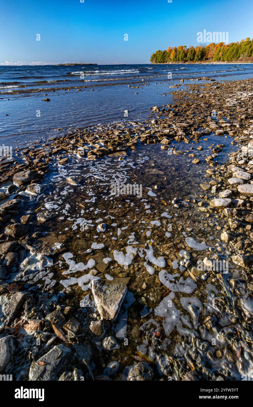 Foam dots created by wave action replicate the look of shoreline rocks ...