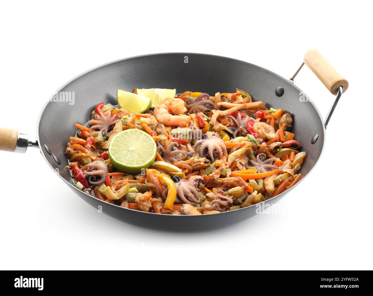 Stir-fry sea food in wok isolated on white Stock Photo - Alamy