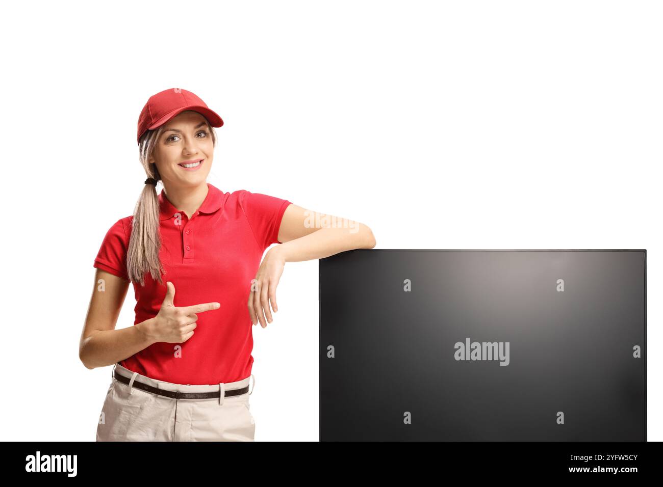 Sales woman showing a new tv screen isolated on white background Stock ...