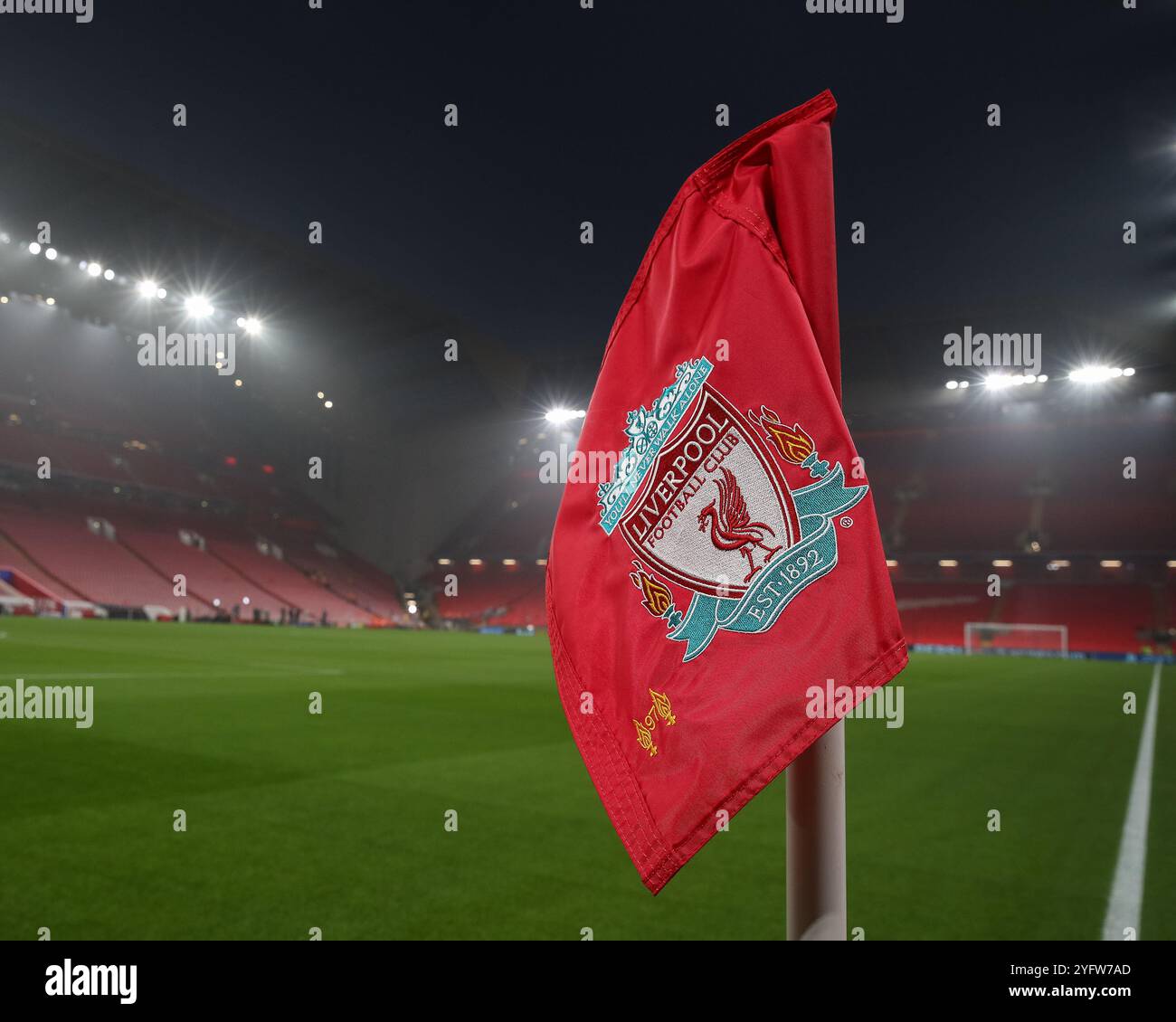 Liverpool FC corner flag during the UEFA Champions League, League Stage ...