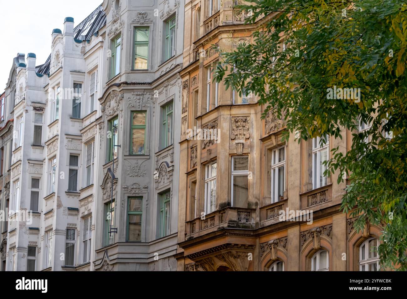 Architectural detail on the facade of historic buildings in Prague Old ...