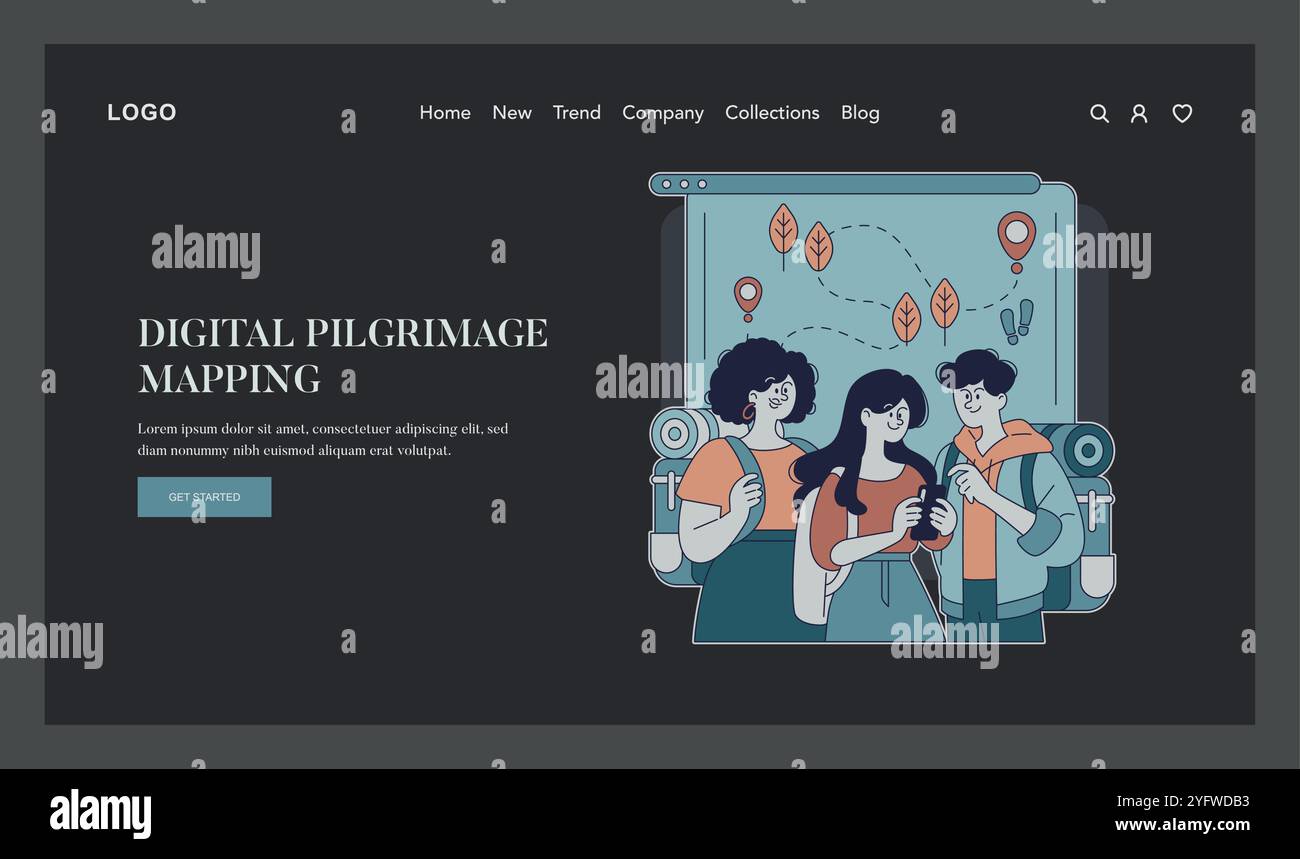 Pilgrimage mapping concept. Three travelers engage with a digital map for their spiritual ...