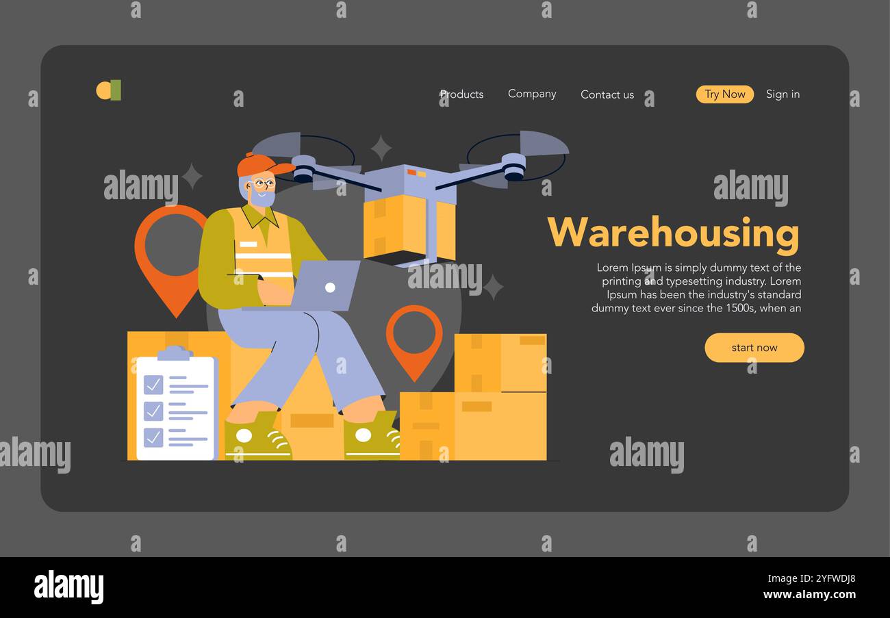 Warehouse management concept. A worker monitors delivery drones amidst ...