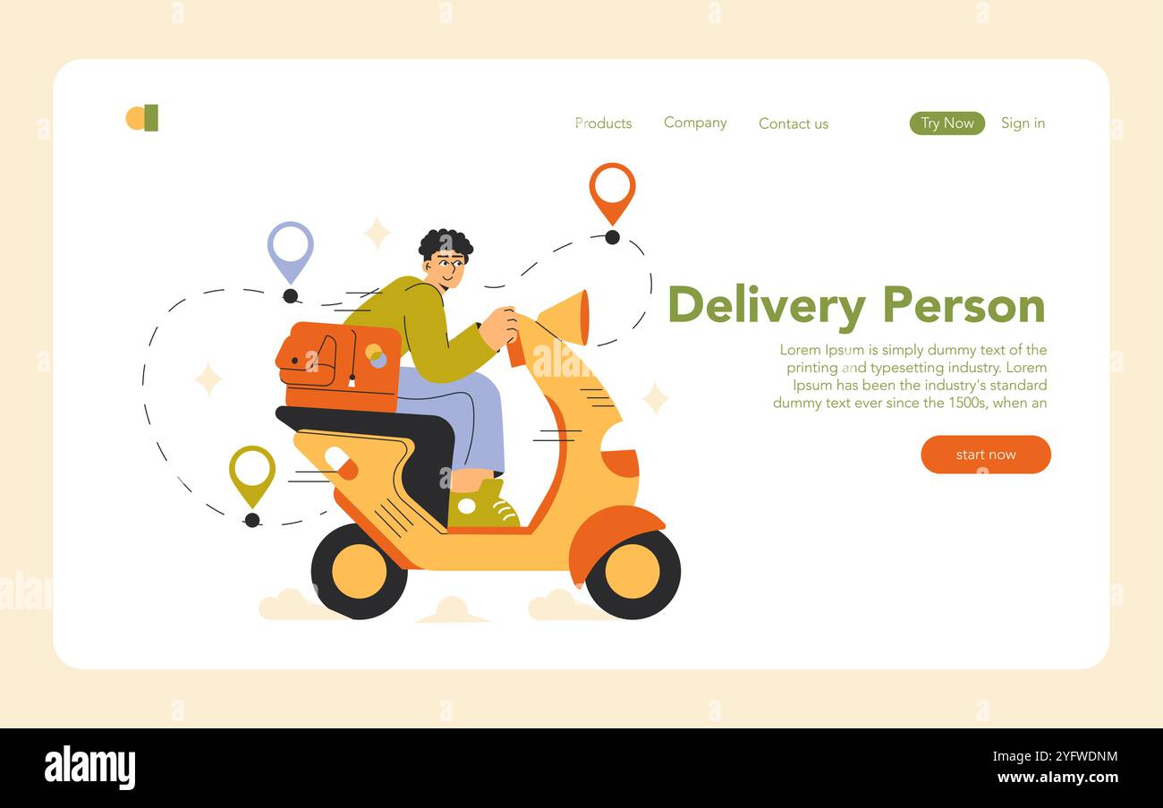 Delivery person concept. A cheerful courier rides a scooter navigating ...