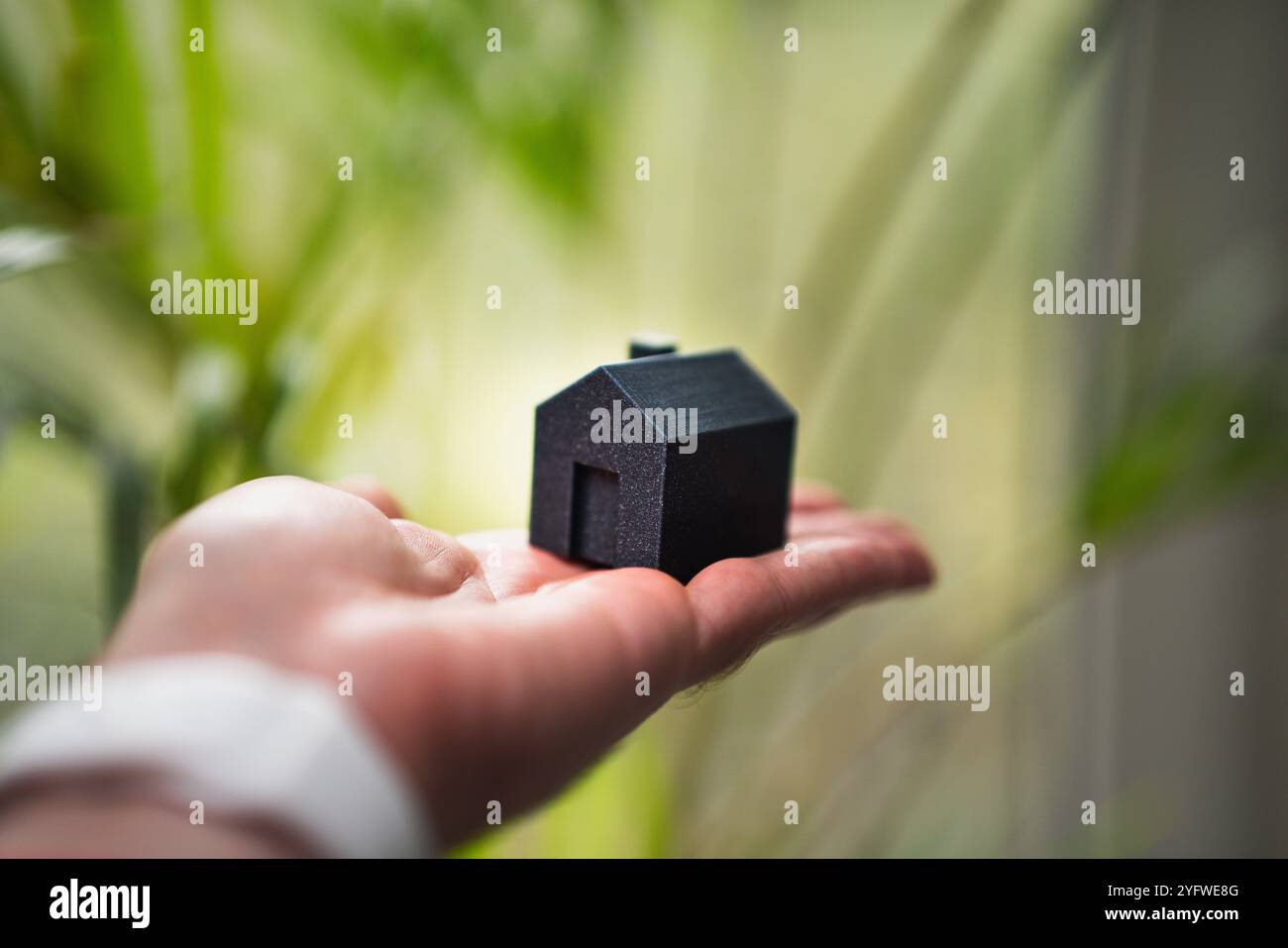 real estate agent hold home miniature house handover green plant ...