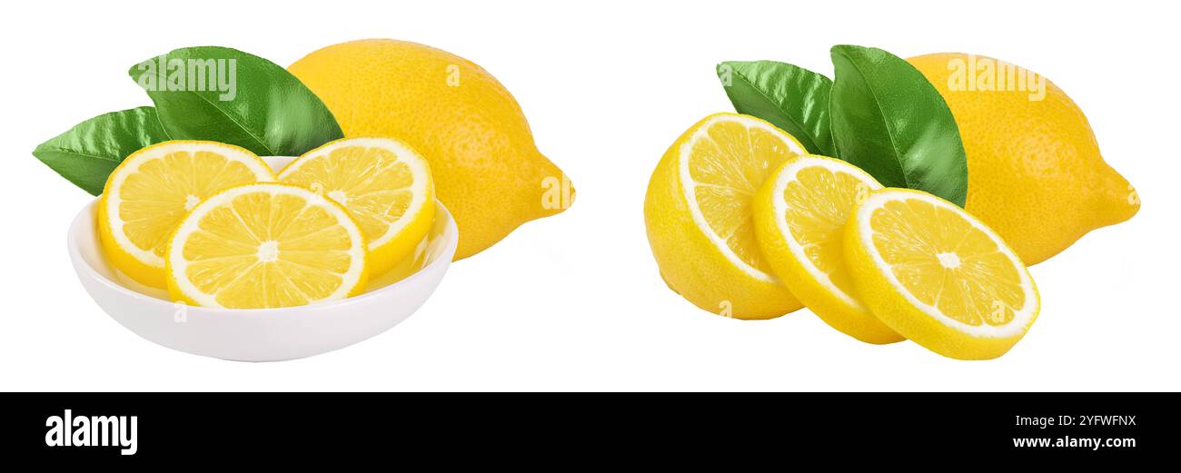 Ripe lemon slices in ceramic bowl isolated on white background with ...
