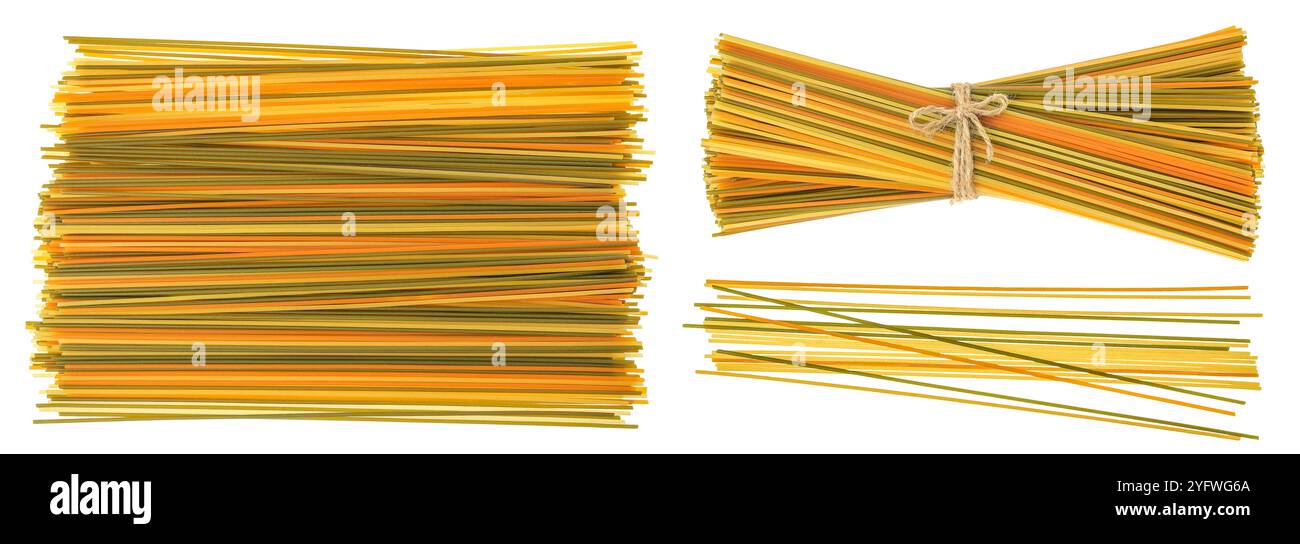 Colorful spaghetti tricolore pasta isolated on white background. Top ...