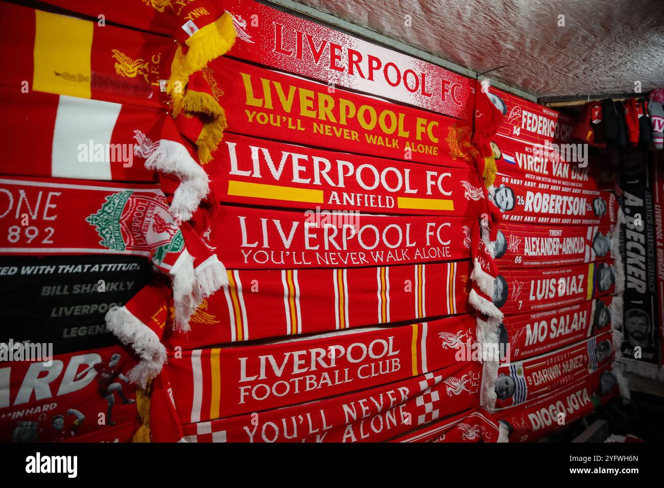 Liverpool FC memorabilia on sale outside Anfield during the UEFA ...