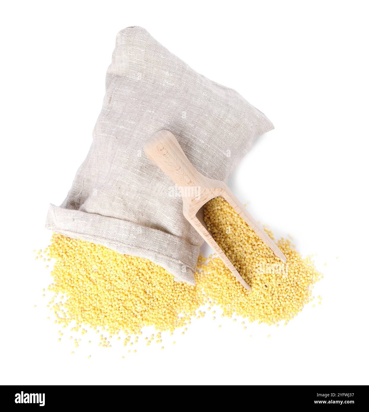 Millet groats in burlap with scoop isolated on white, top view Stock ...