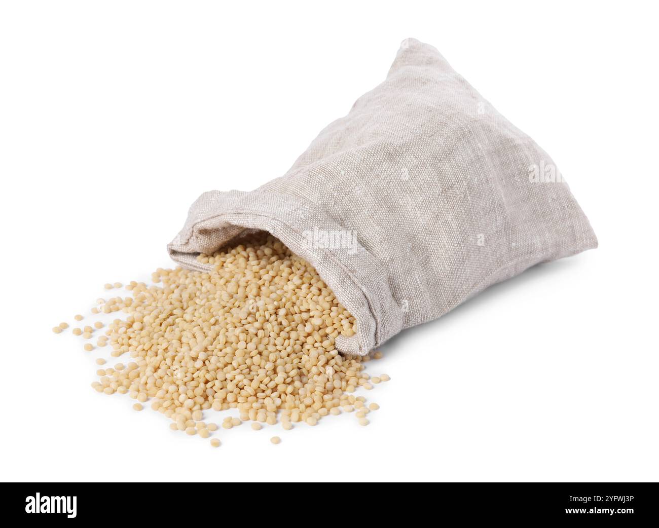 Raw couscous and overturned burlap sack isolated on white Stock Photo ...