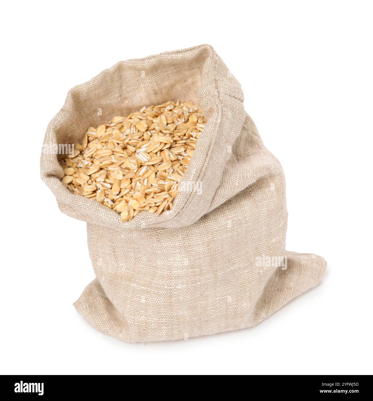 Dry oat flakes in burlap sack isolated on white Stock Photo - Alamy
