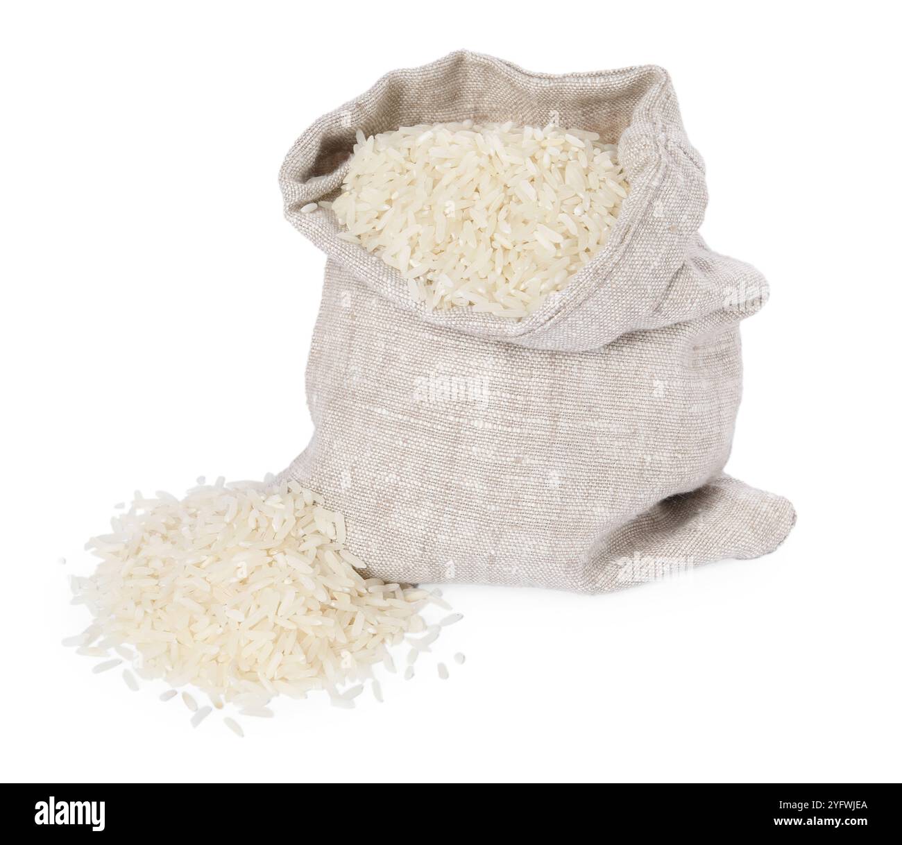 Raw rice in sack isolated on white Stock Photo - Alamy