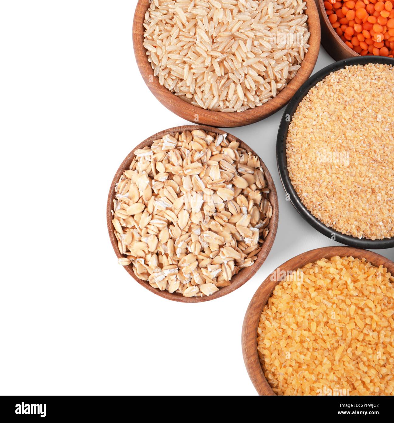 Different types of cereals isolated on white, top view Stock Photo - Alamy