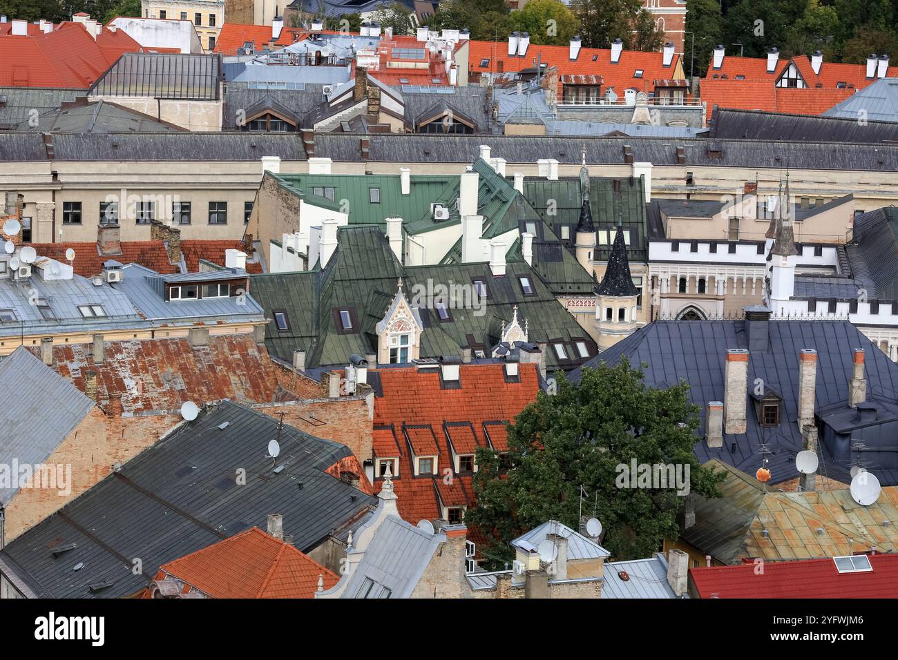 Aerial view of the rooves in the Old town In Riga from the view point ...