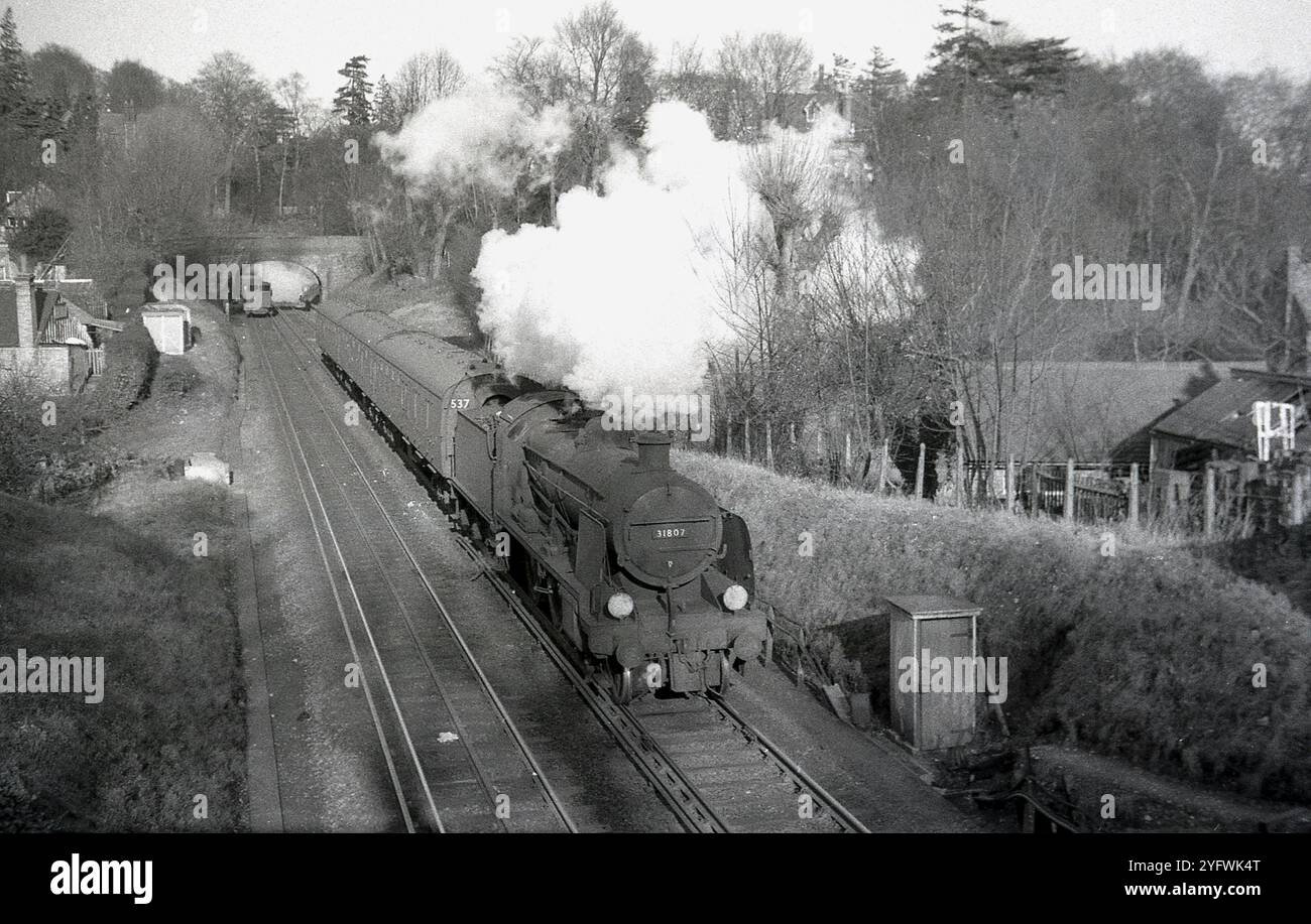 Late 1950s, historical, steam locomotive, No 31807, River Axe, on rail ...