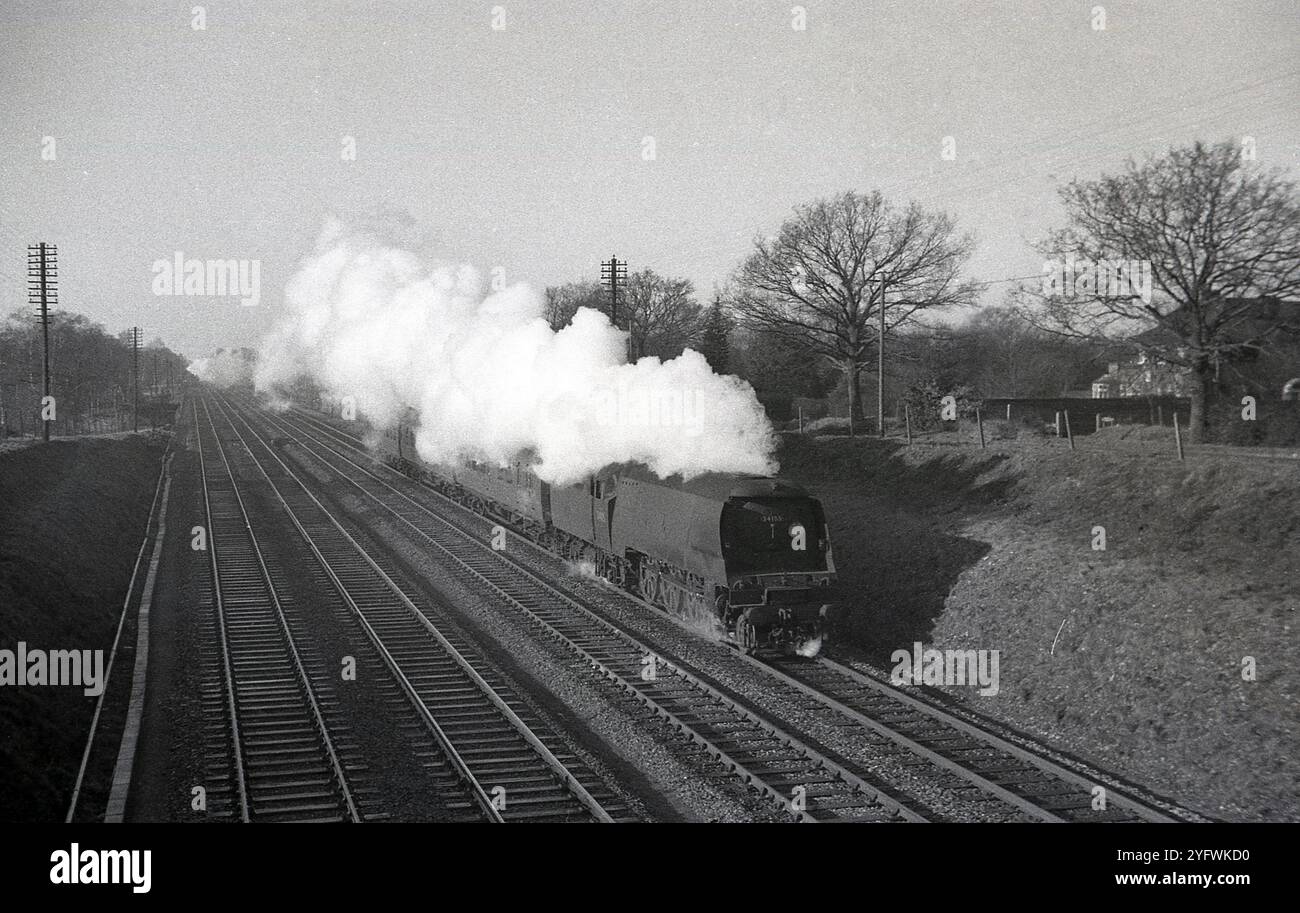 Late 1950s, historical, steam locomotive, No 34102 Lapford on rail ...