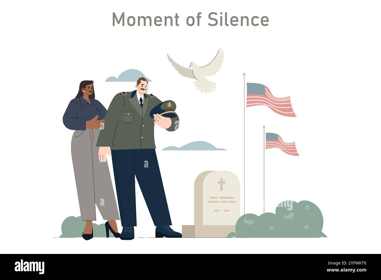 Veteran's tribute illustration. A man and a woman in military attire honor fallen soldiers with ...