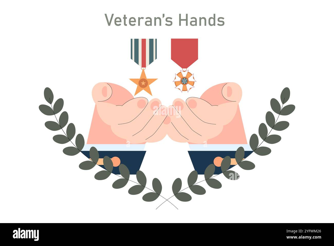 Veteran's Day illustration. Hands holding military medals with laurel ...