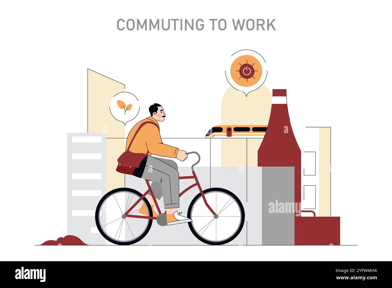 Cycling to Work concept. An urban commuter rides a bicycle through the ...
