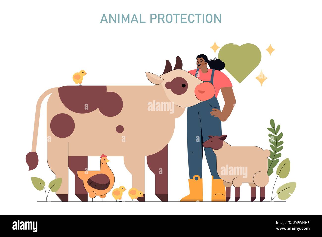 World Vegan Day concept. Woman standing with farm animals promoting compassion and animal rights ...