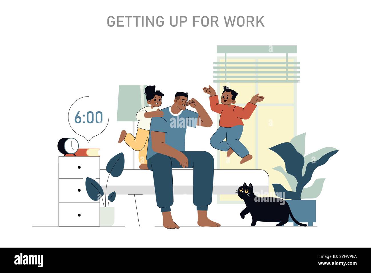 Morning routine illustration. A builder's family starts their day with ...