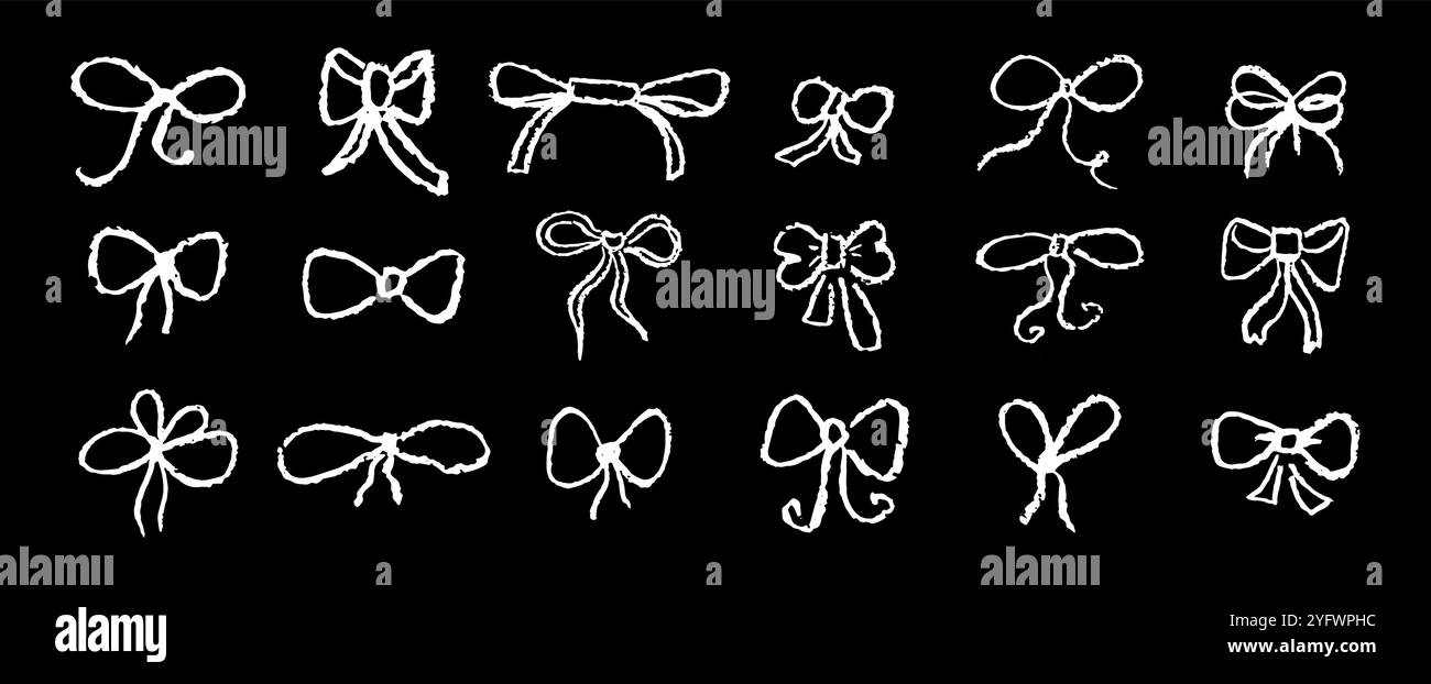 Set of bows drawing by pastel or charcoal pencil. White chalk bow gift ribbon line simple ...