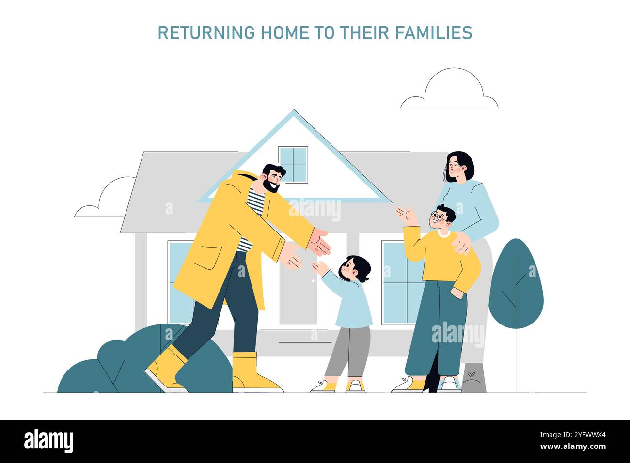 Returning home concept. Joyful family greeting a fisherman father in ...