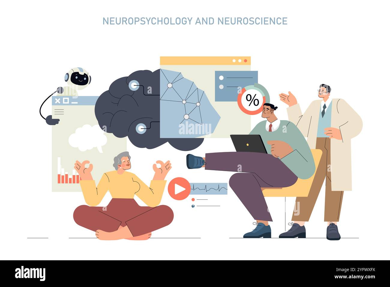 Neuropsychology concept. Scientists exploring human cognition engaging with a large brain ...